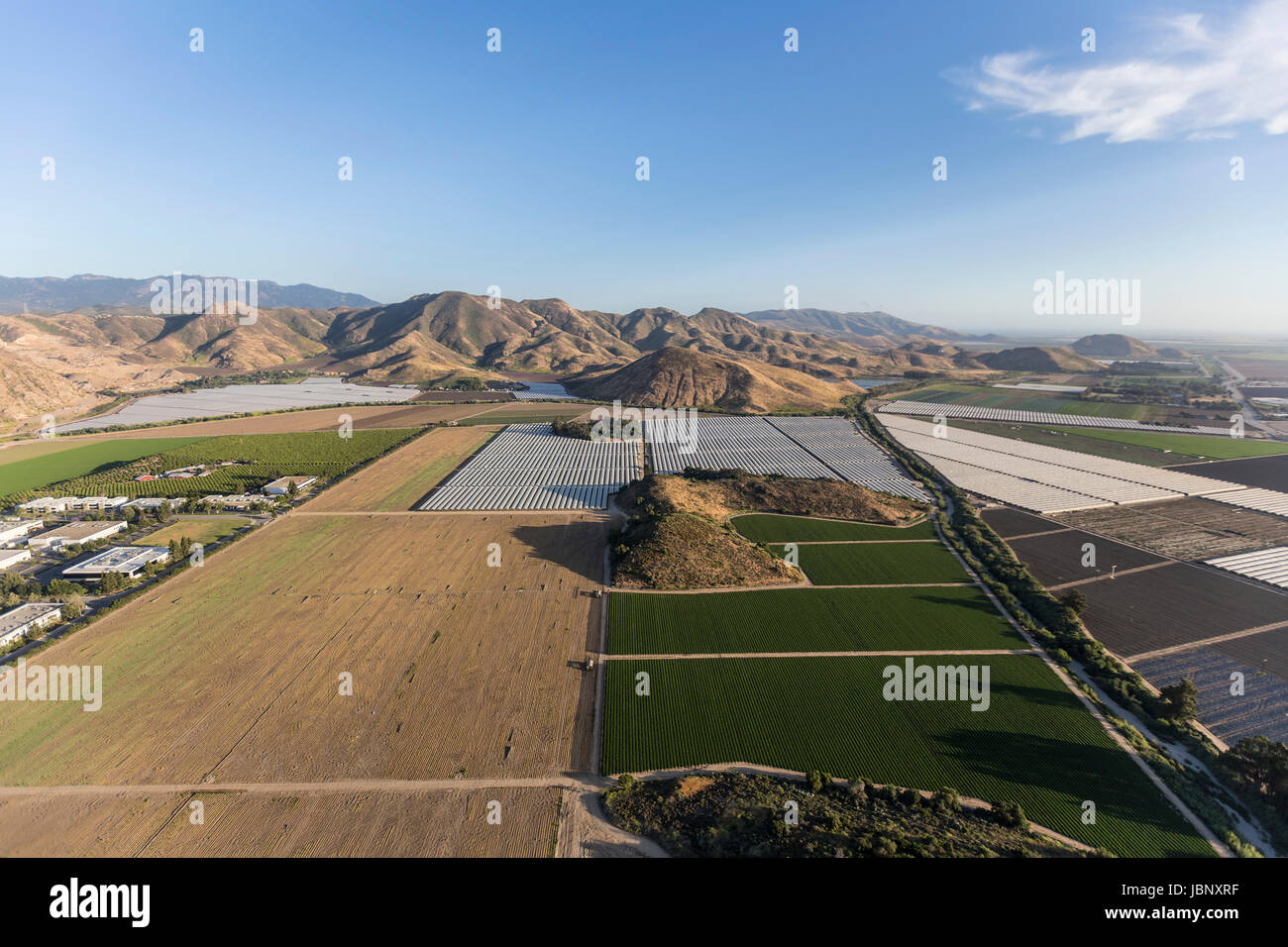 Aerial view of farm fields and the Santa Monica Mountains near ...