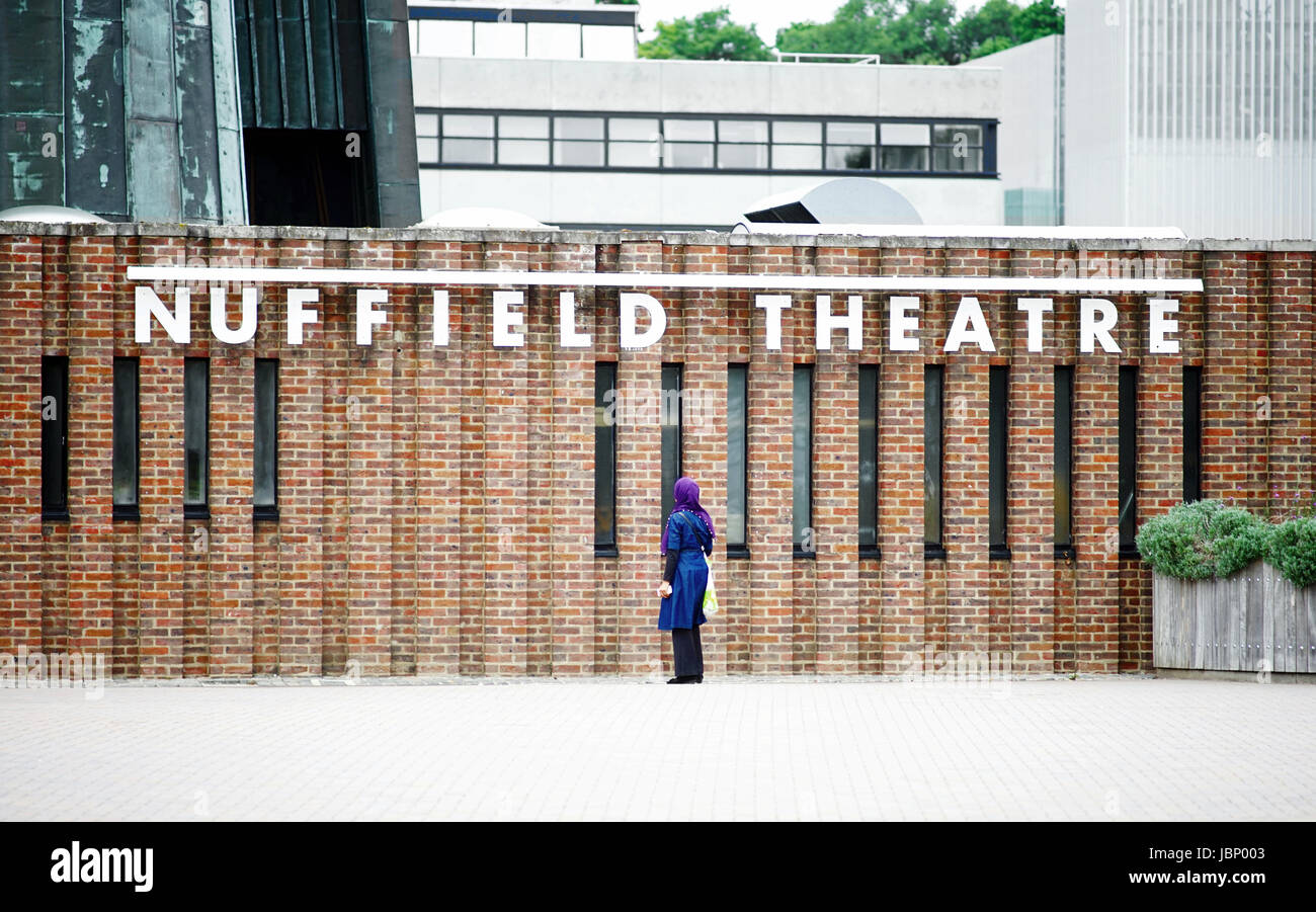 A woman standing in front of the Nuffield Theatre building on Highfield ...