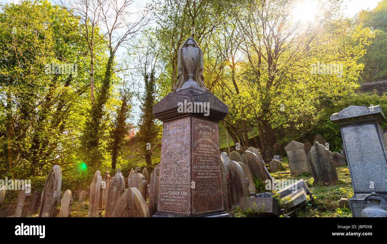 A graveyard on the valley side above Hebden Bridge, Calderdale, West ...