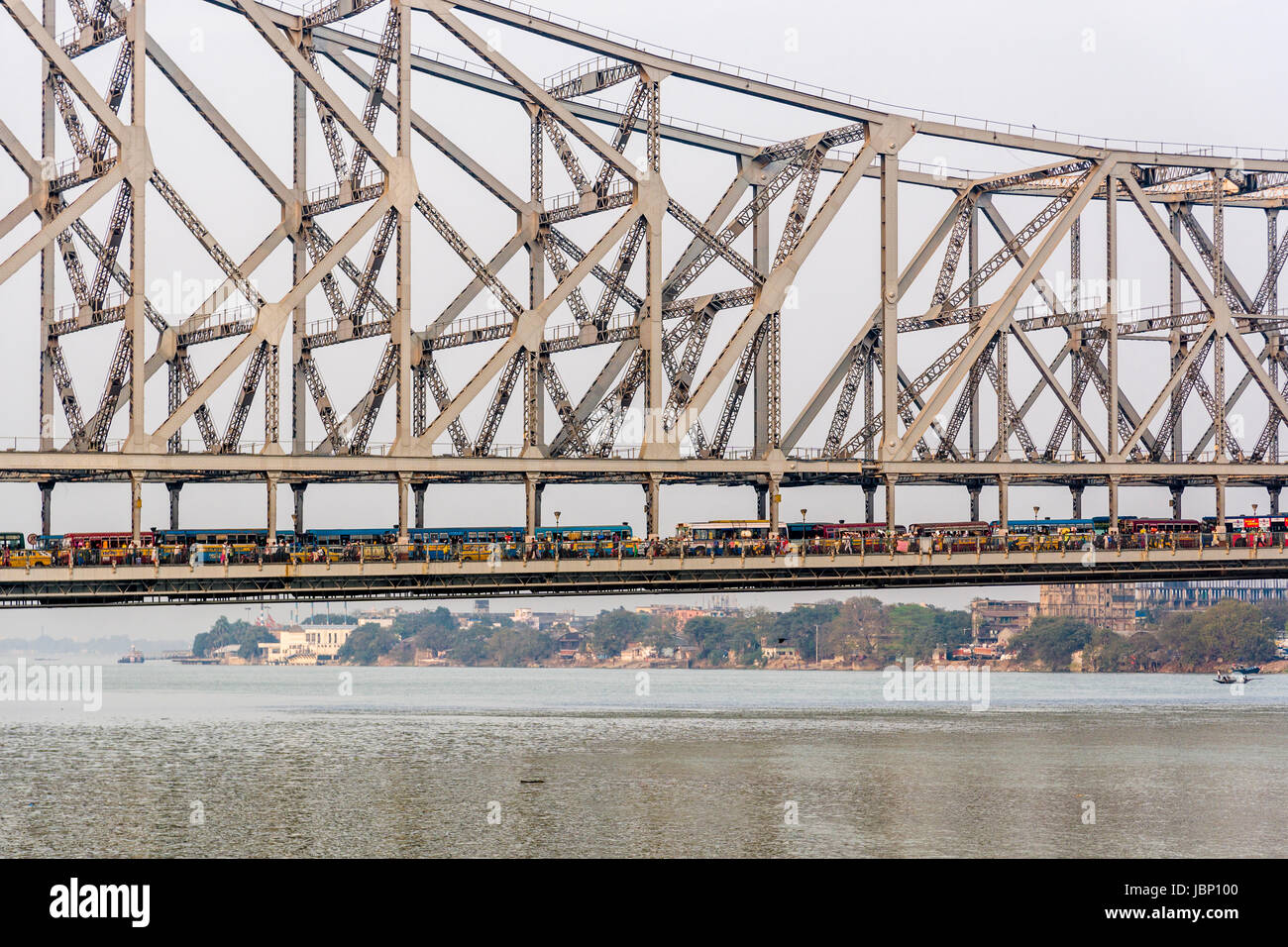 The steel construction of Howrah Bridge in Kolkata, spanning across the ...