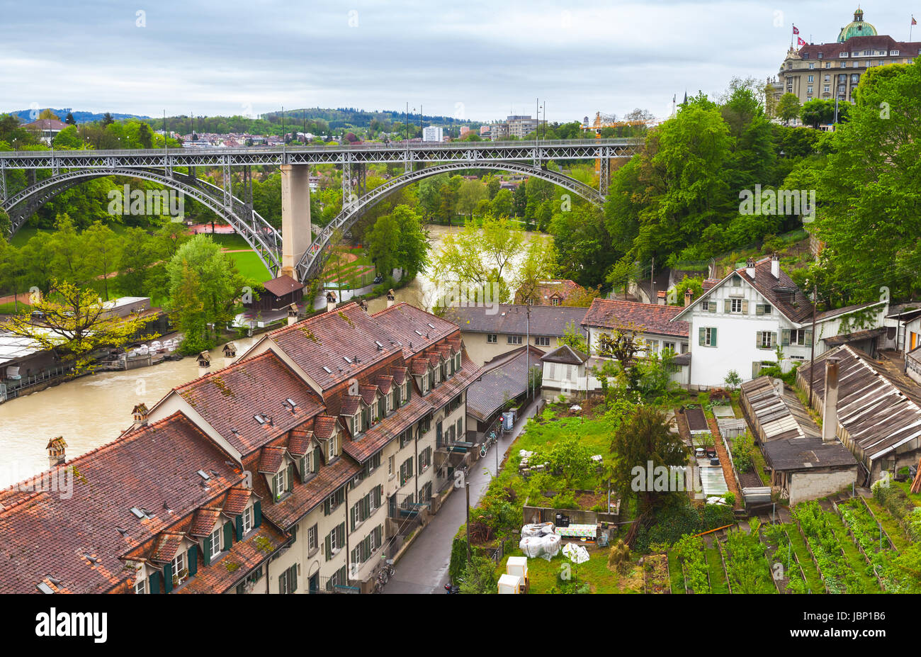 Bern old town, Coastal landscape with bridge. Switzerland. Aare river ...