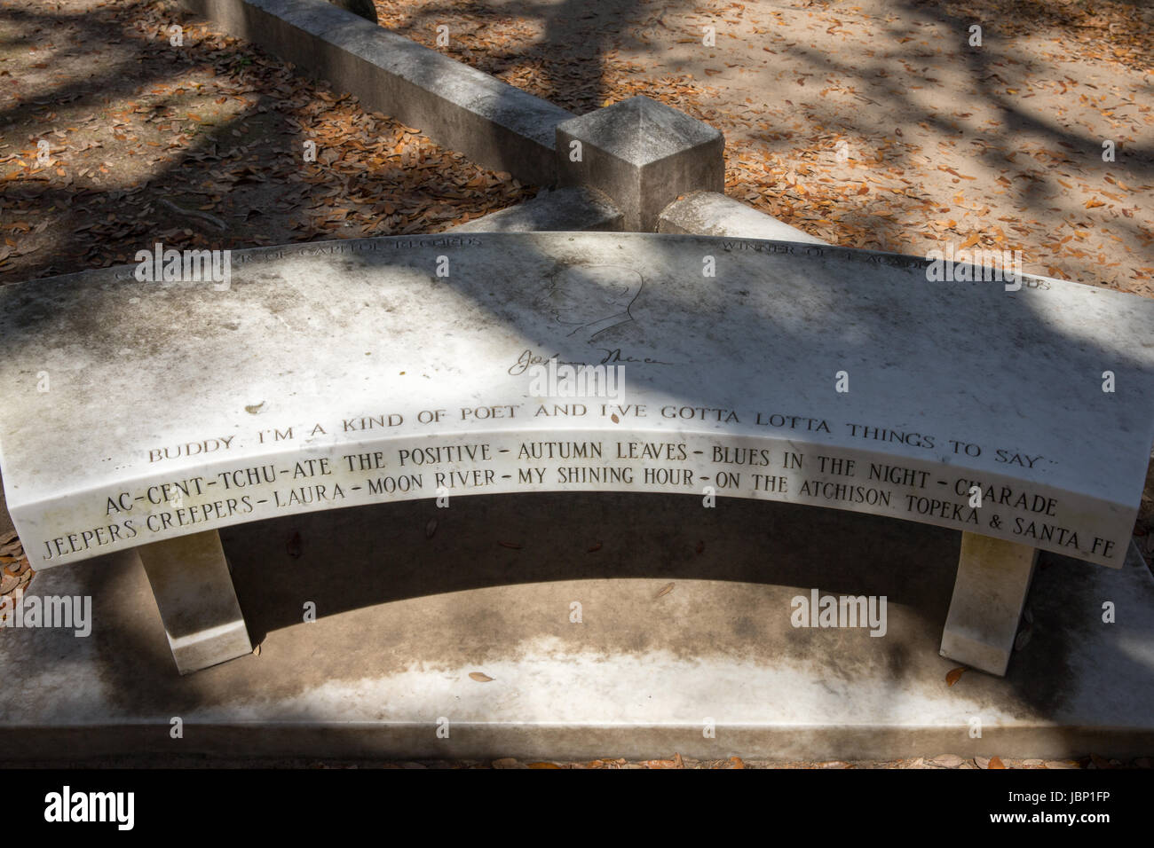 Savannah, GA - March 28, 2017: Memorial bench at Johnny Mercer ...