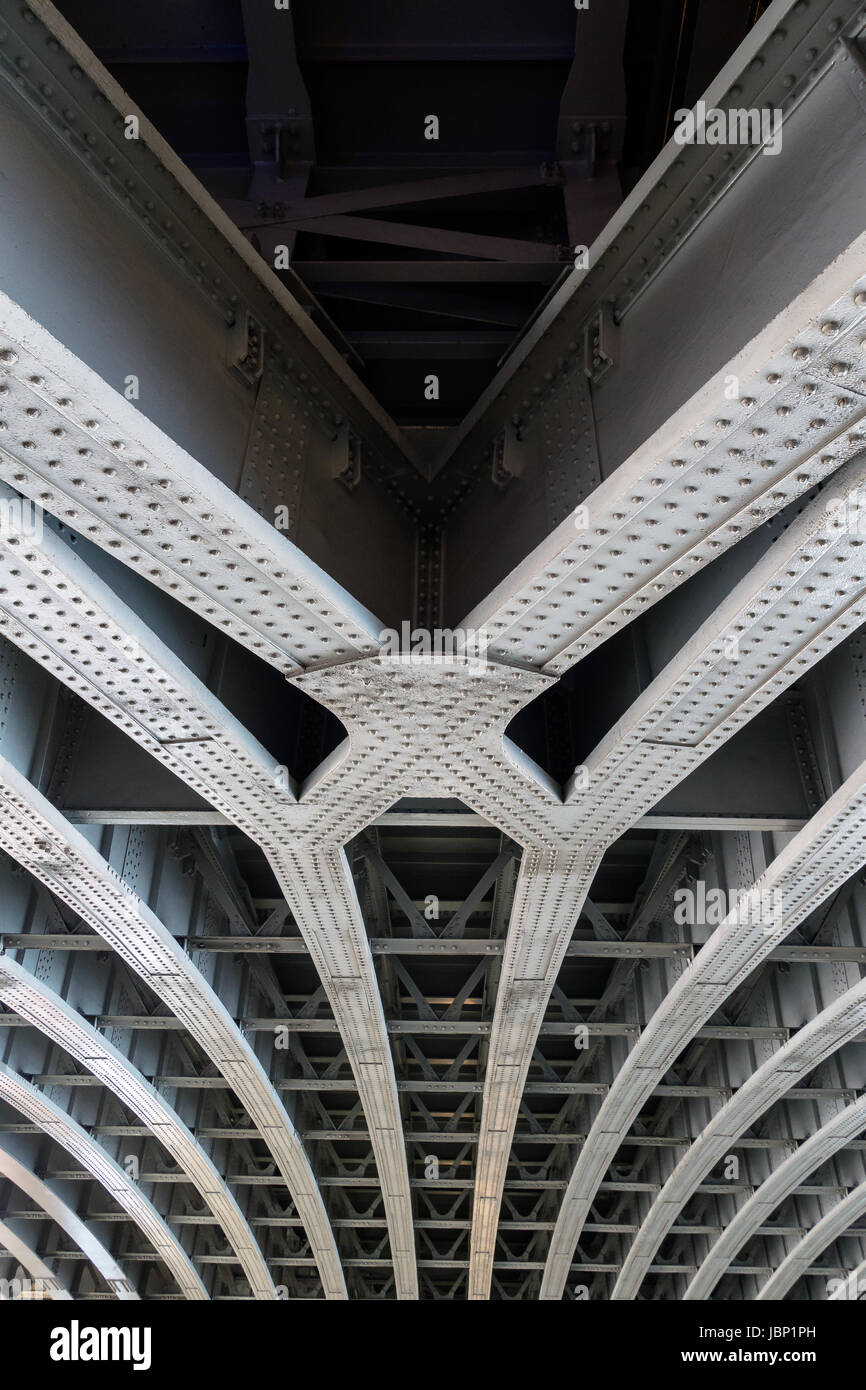 Detail of riveted steel beams supporting span of bridge crossing the ...