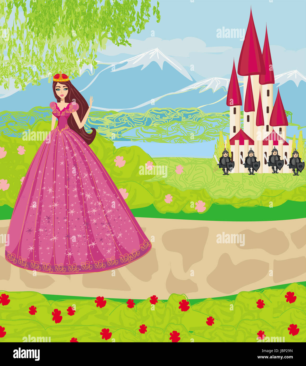 Beautiful princess and knights guard the entrance to the castle Stock ...