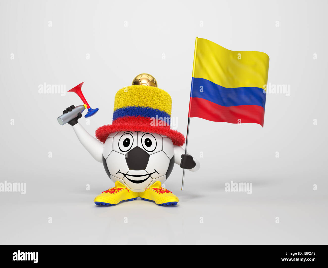A cute and funny soccer character holding the national flag of Colombia ...