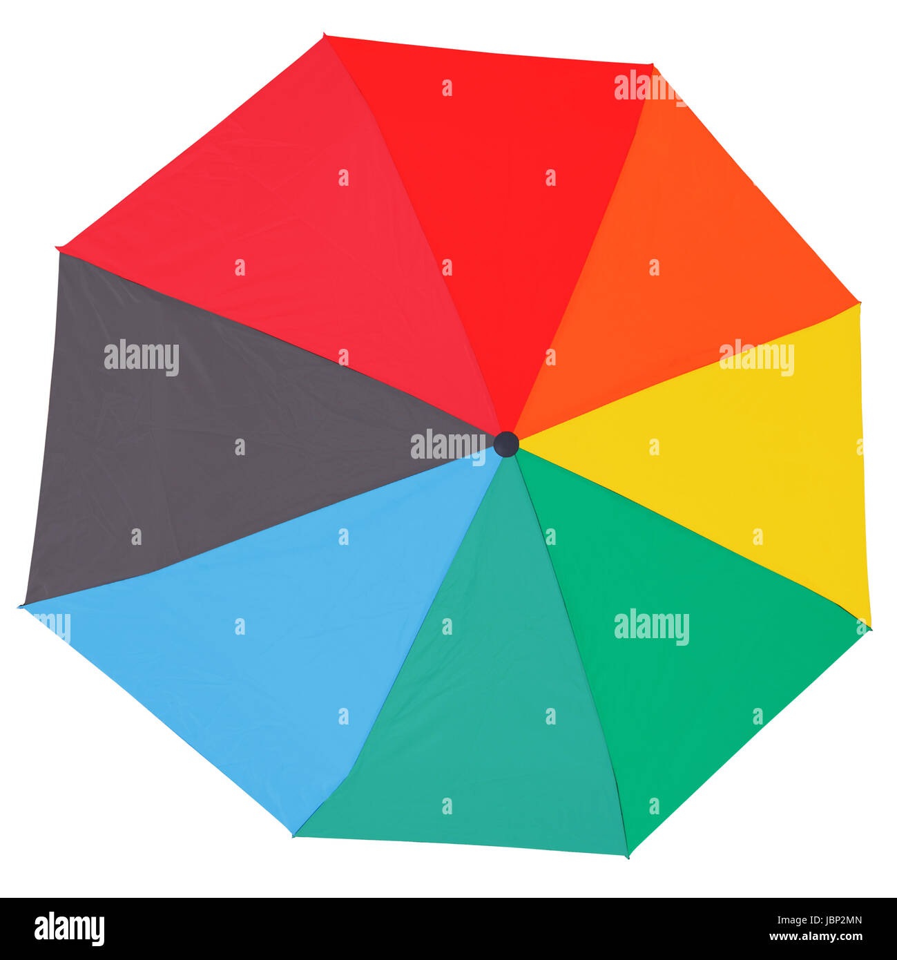 top view of open multicolored umbrella isolated on white background ...