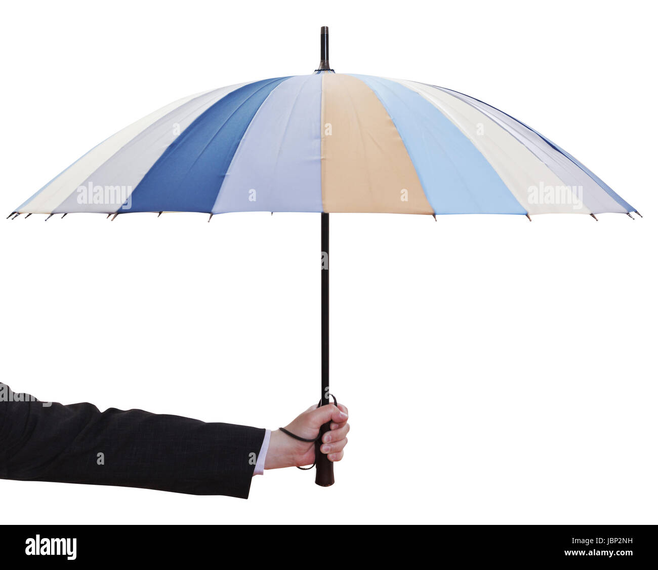 male hand hold open multicolored umbrella isolated on white background ...