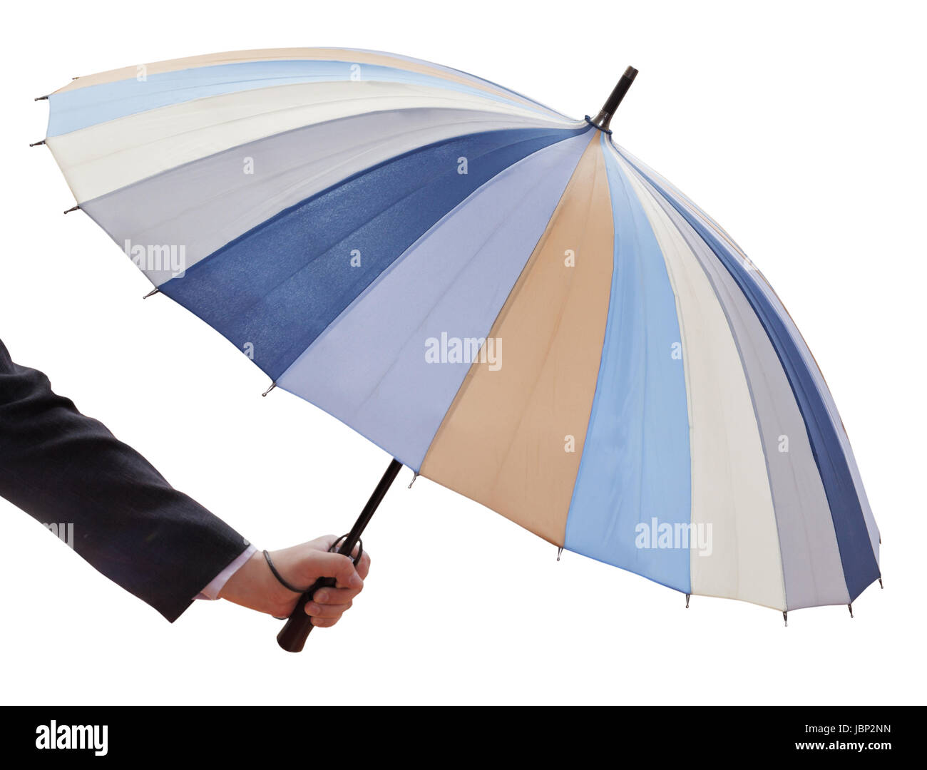 man's hand with open multicolored umbrella isolated on white background ...