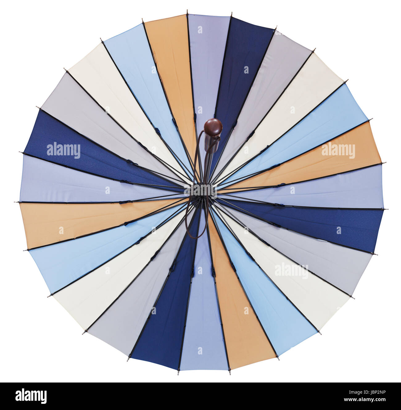 back view of open striped multicolored umbrella isolated on white ...