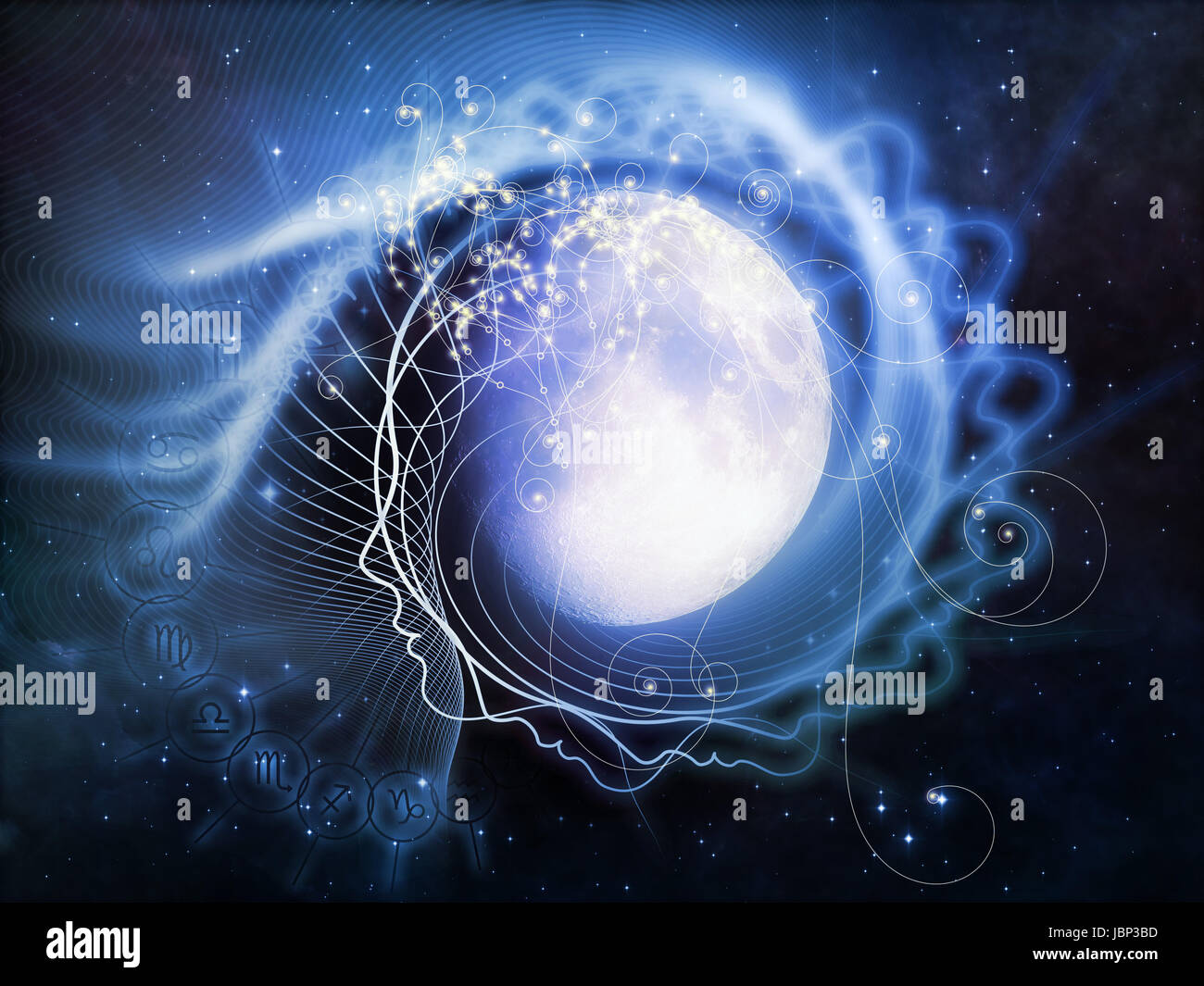 Inner Moon series. Composition of moon, human profile and astrological ...