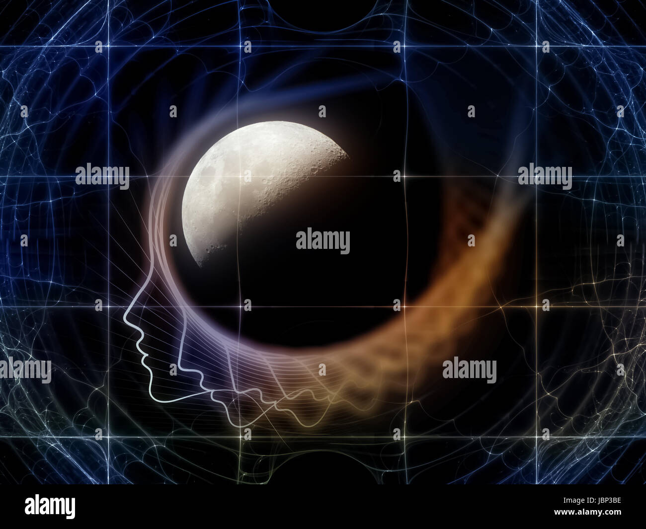 Inner Moon series. Arrangement of moon, human profile and design ...