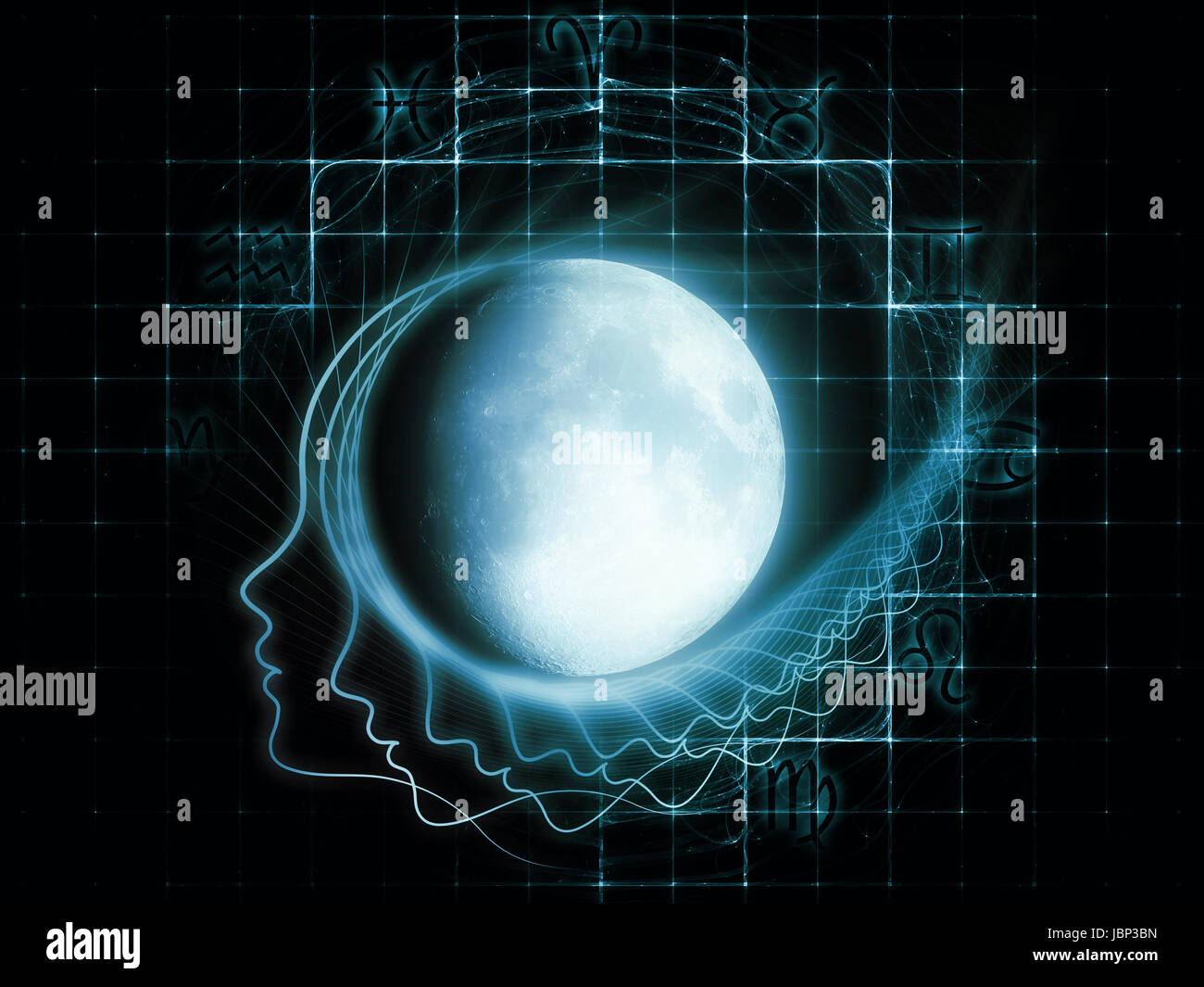 Inner Moon series. Arrangement of moon, human profile and astrological ...