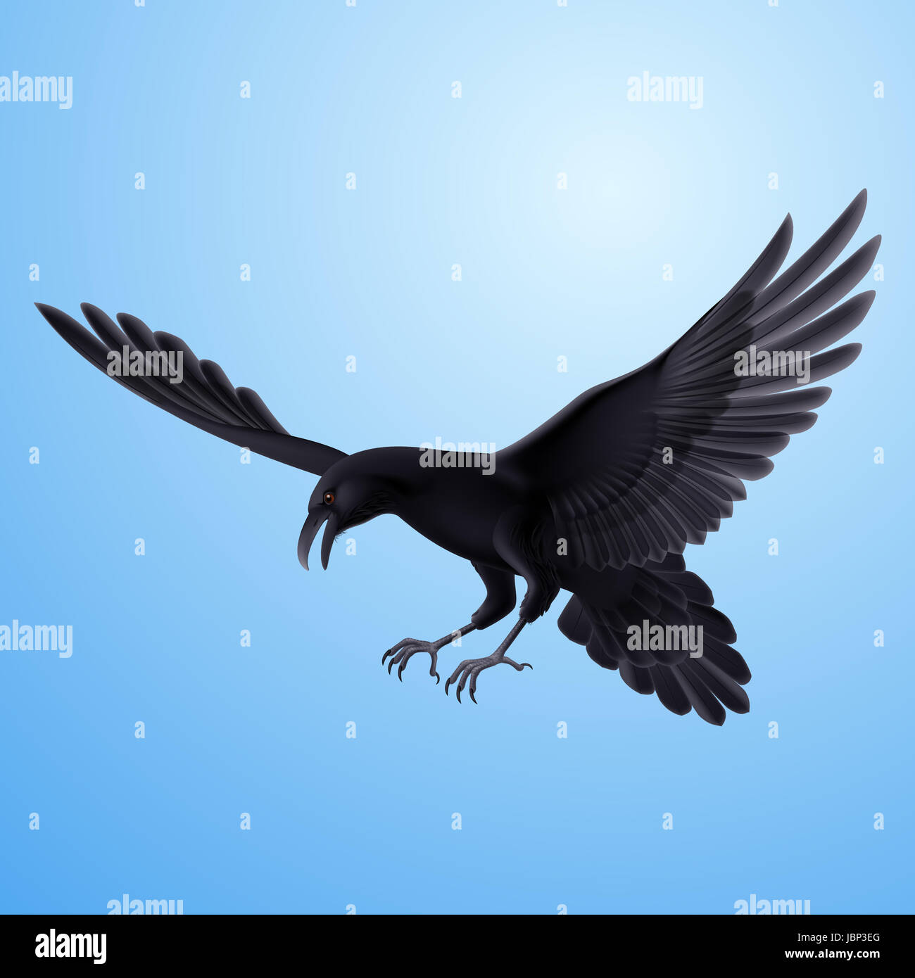 Aggressive flying raven on blue sky background Stock Photo - Alamy