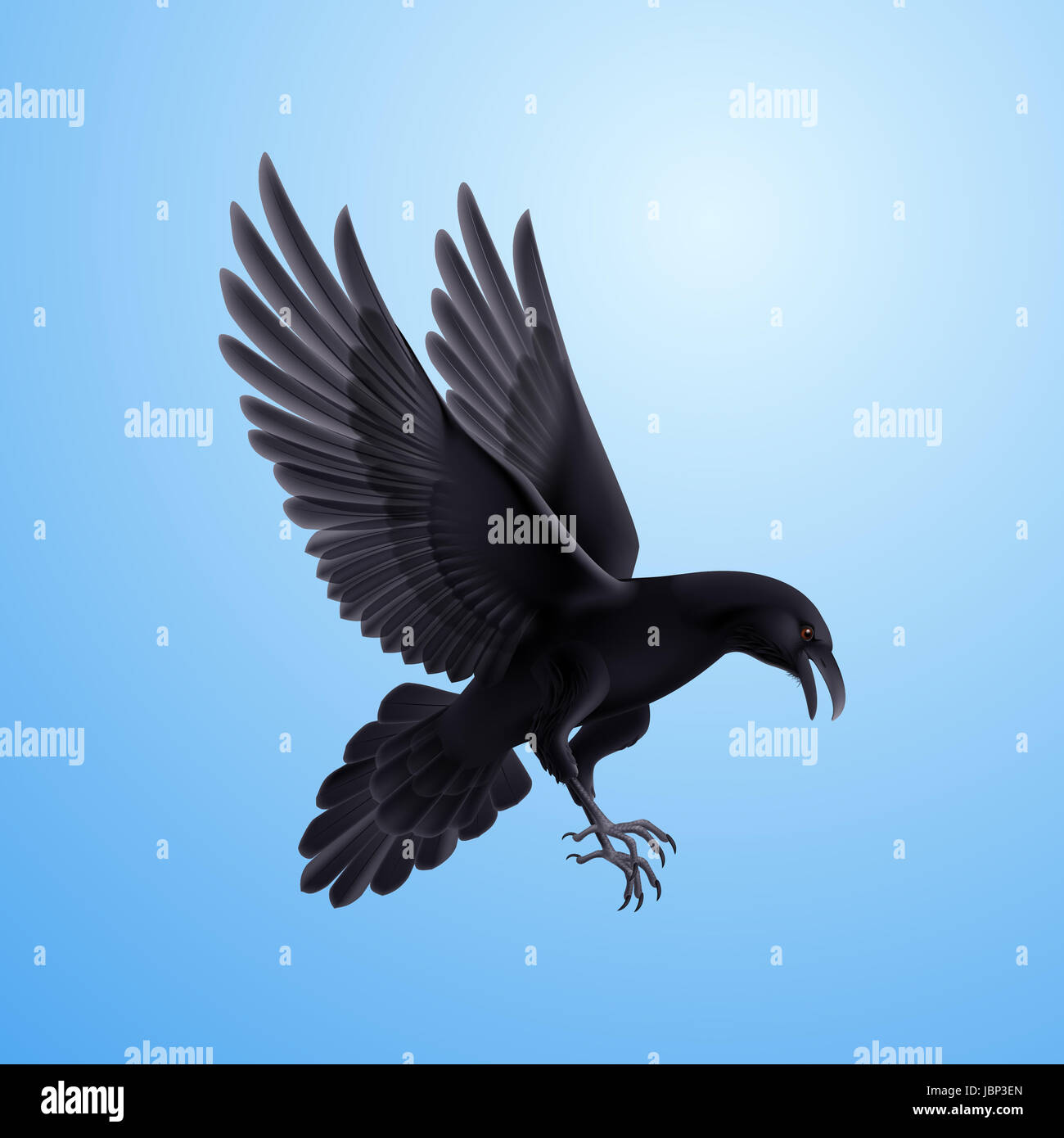 Aggressive black raven. Illustration on blue sky background Stock Photo ...