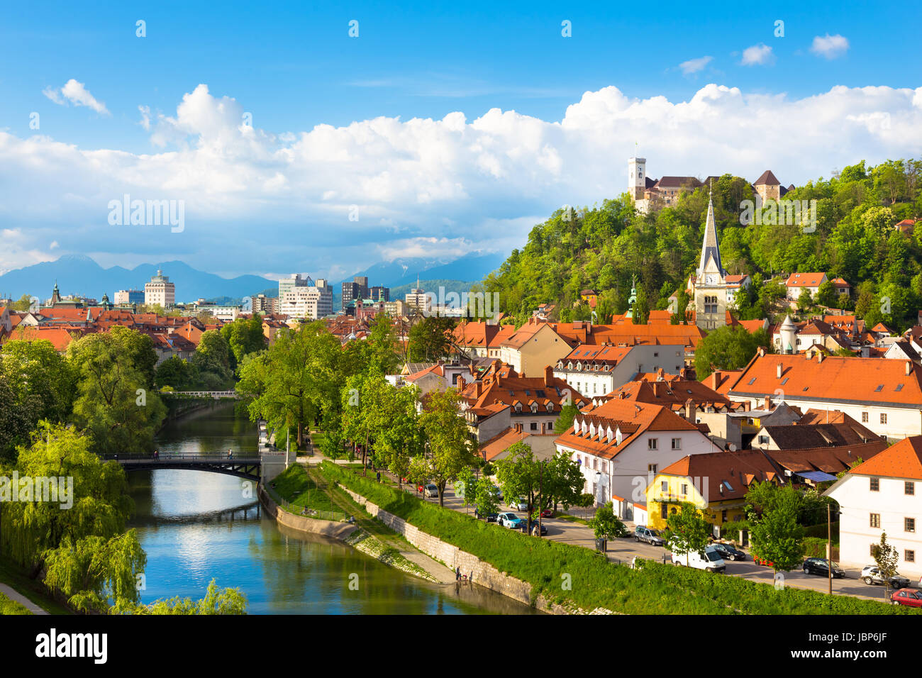 Cityscape of the Slovenian capital Ljubljana at sunset Stock Photo - Alamy