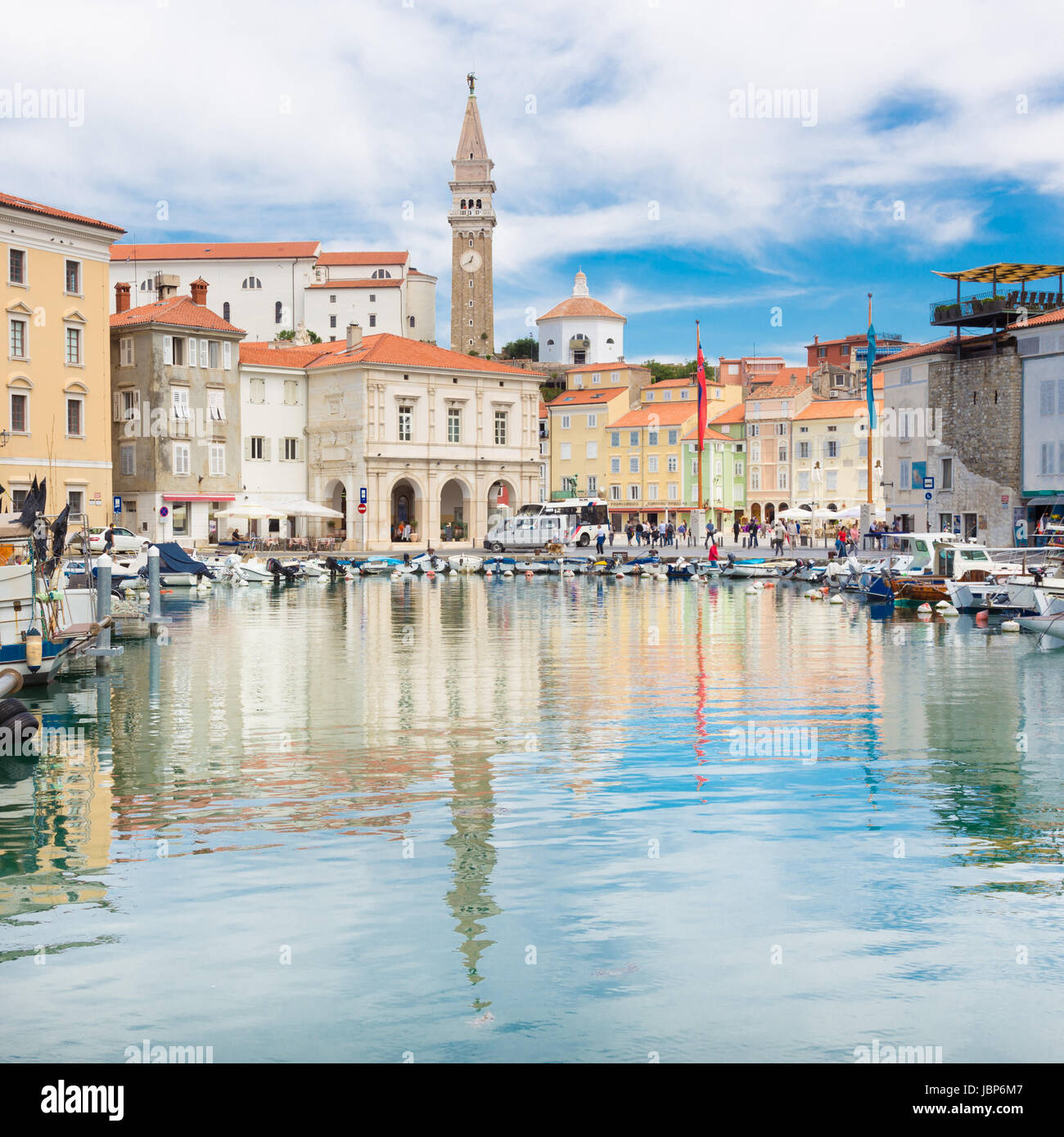 Picturesque old town Piran - beautiful Slovenian adriatic coast. Aerial ...