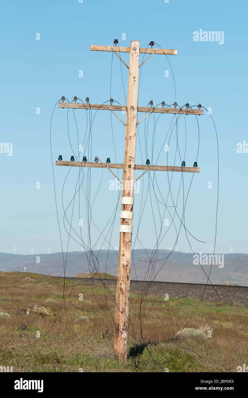 Trackside pole with dangling communications wires, Oregon Stock Photo ...