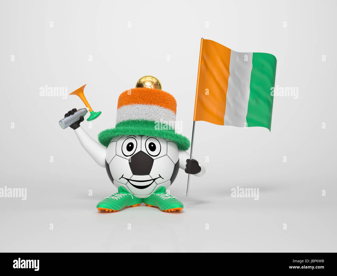 A cute and funny soccer character holding the national flag of Ivory ...