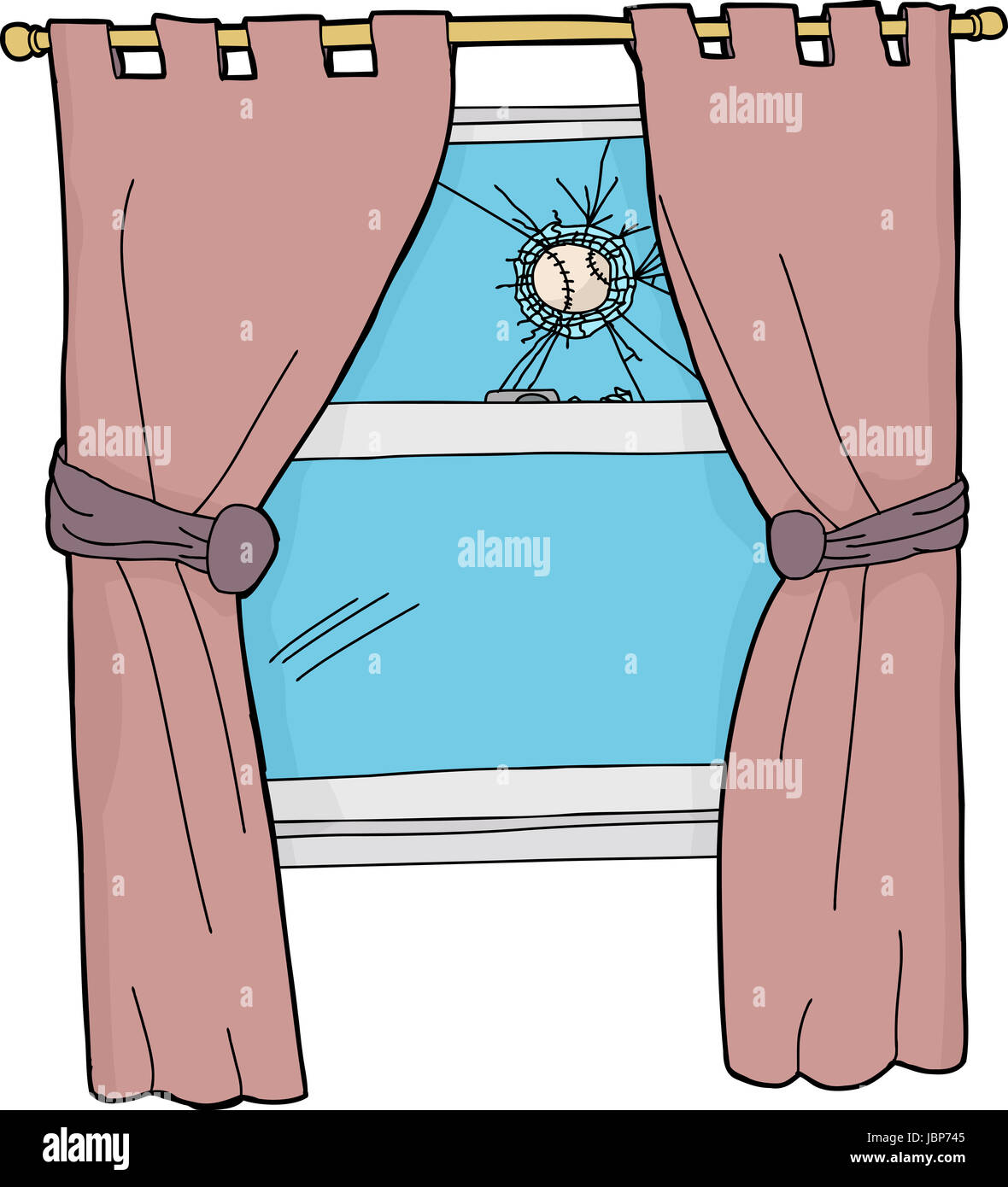 Baseball stuck in shattered window with curtains Stock Photo - Alamy