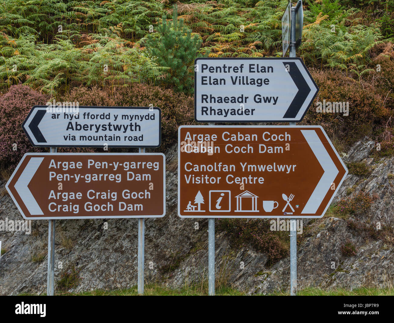 Bilingual street sign in Welsh and English in the Elan Valley in Wales ...