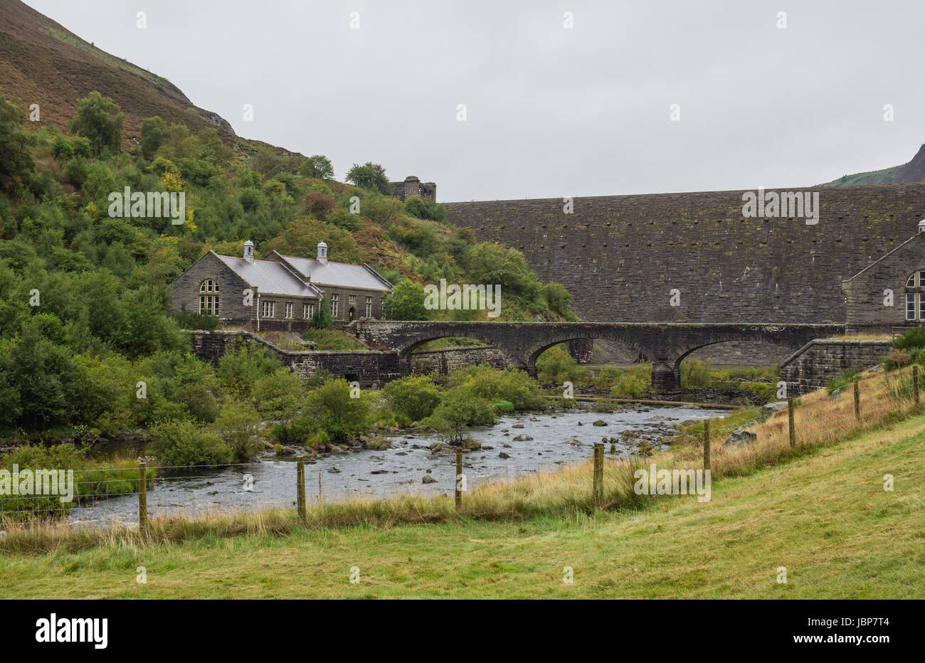 Buildings at one of the dams of the Elan Valley reservoirs in Wales, UK ...