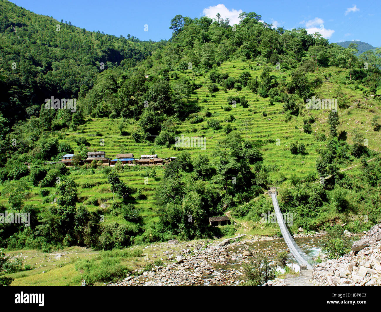 River suspended rope bridge, Himalayan Annapurna region, Nepal Stock ...
