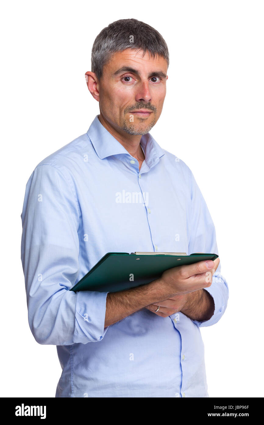 Caucasian man holding clipboard Stock Photo - Alamy