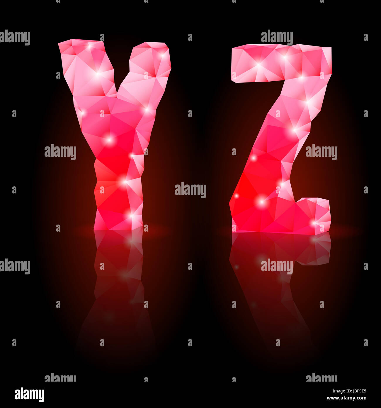 Shiny ruby polygonal font with reflection on black background. Crystal style Y and Z letters ...