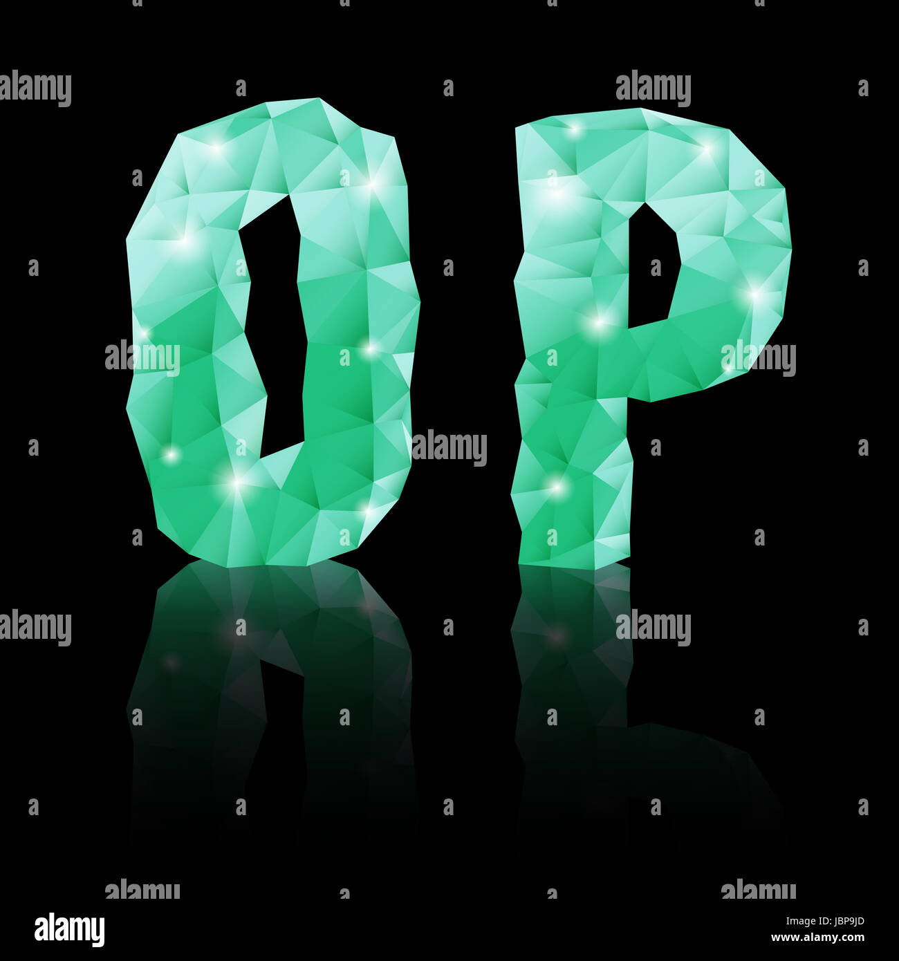 Shiny emerald green polygonal font with reflection on black background ...