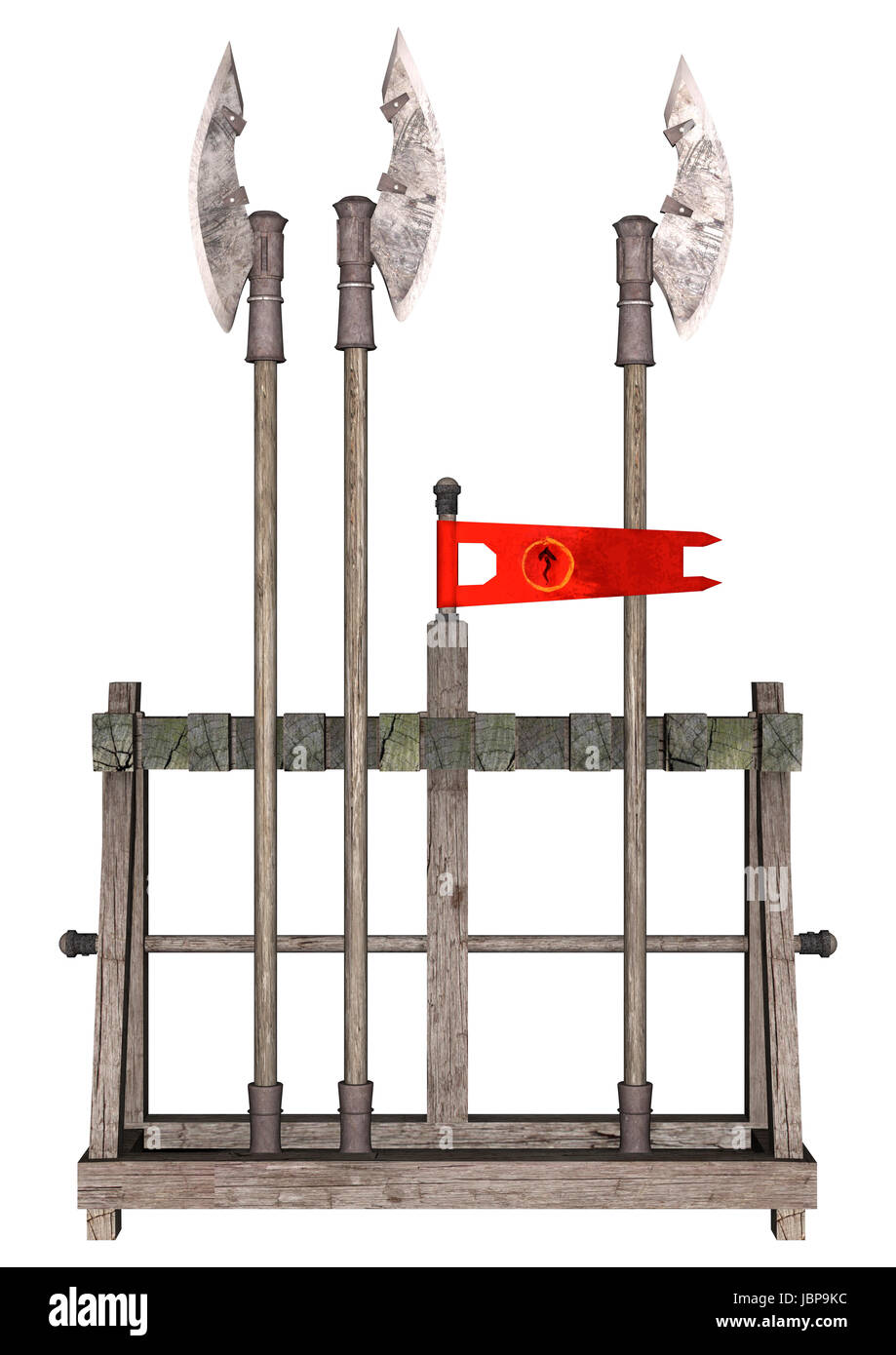 3D digital render of a medieval pole axes standing in a wepon's stand ...