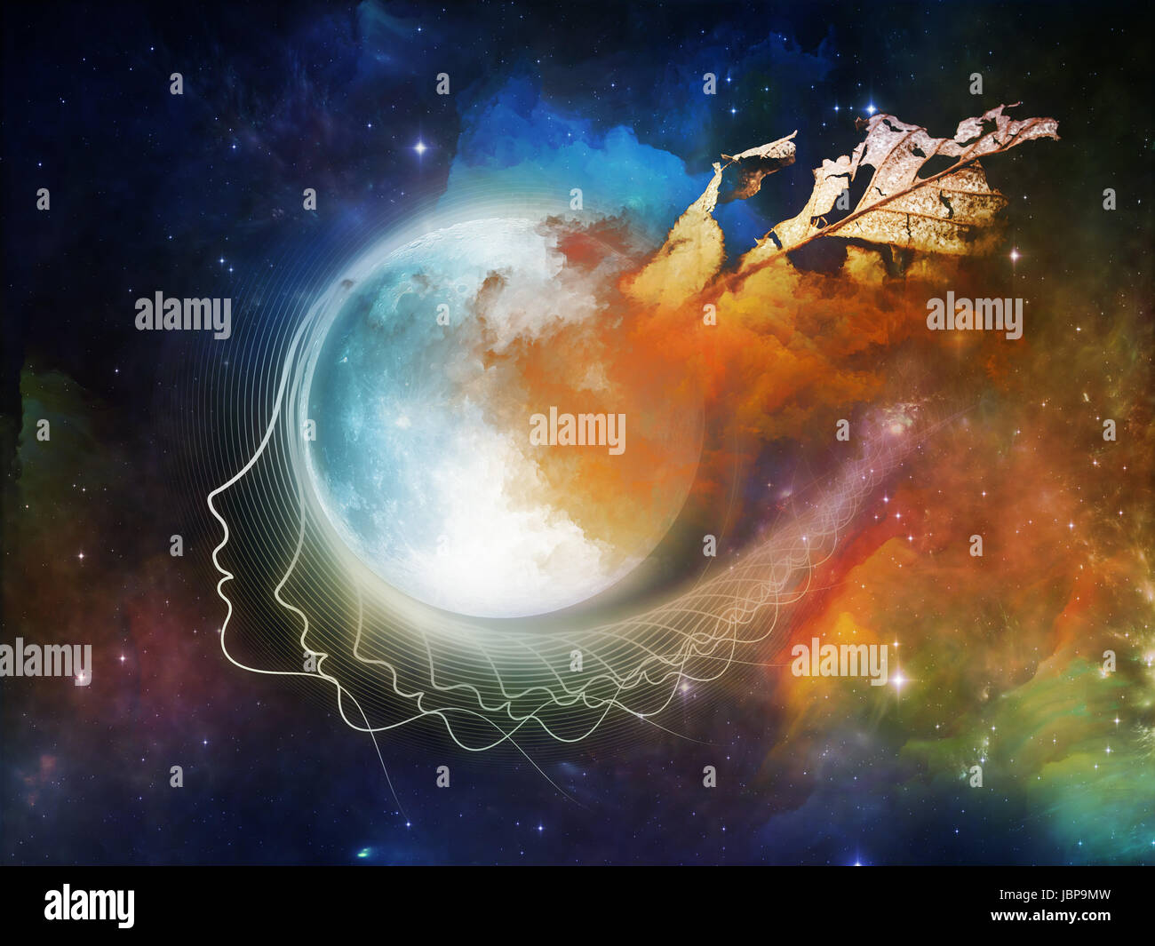 Inner Moon series. Arrangement of moon, human profile and design ...