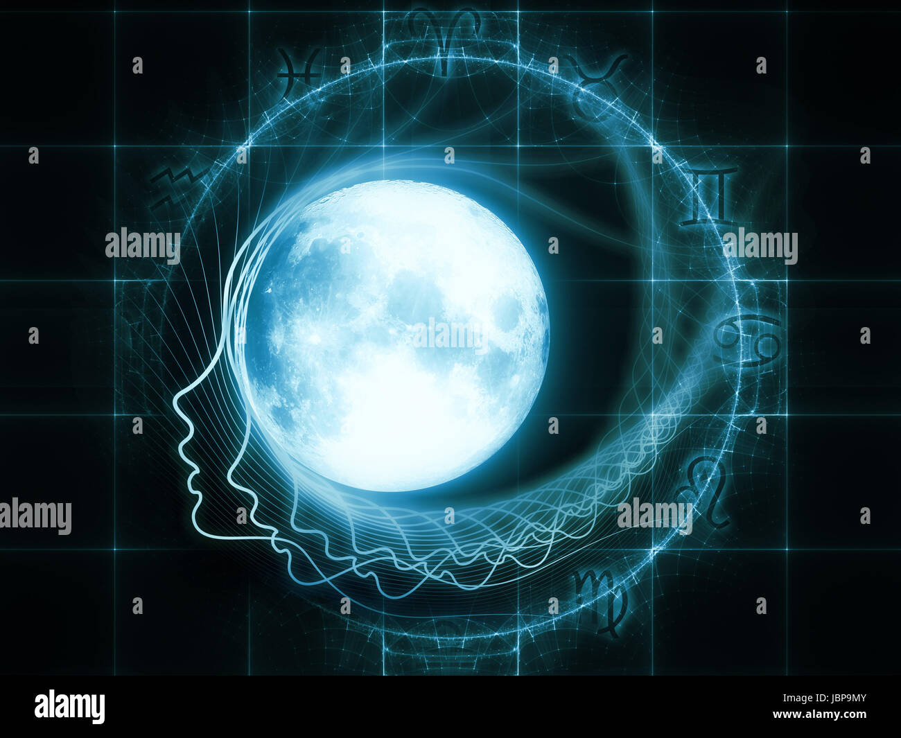 Inner Moon series. Arrangement of moon, human profile and astrological ...