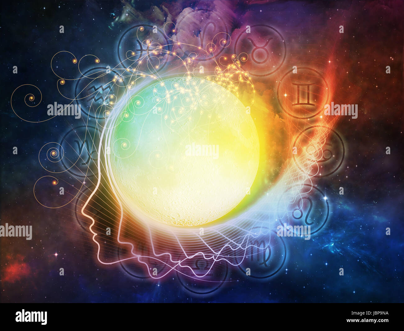 Inner Moon series. Backdrop of moon, human profile and astrological ...