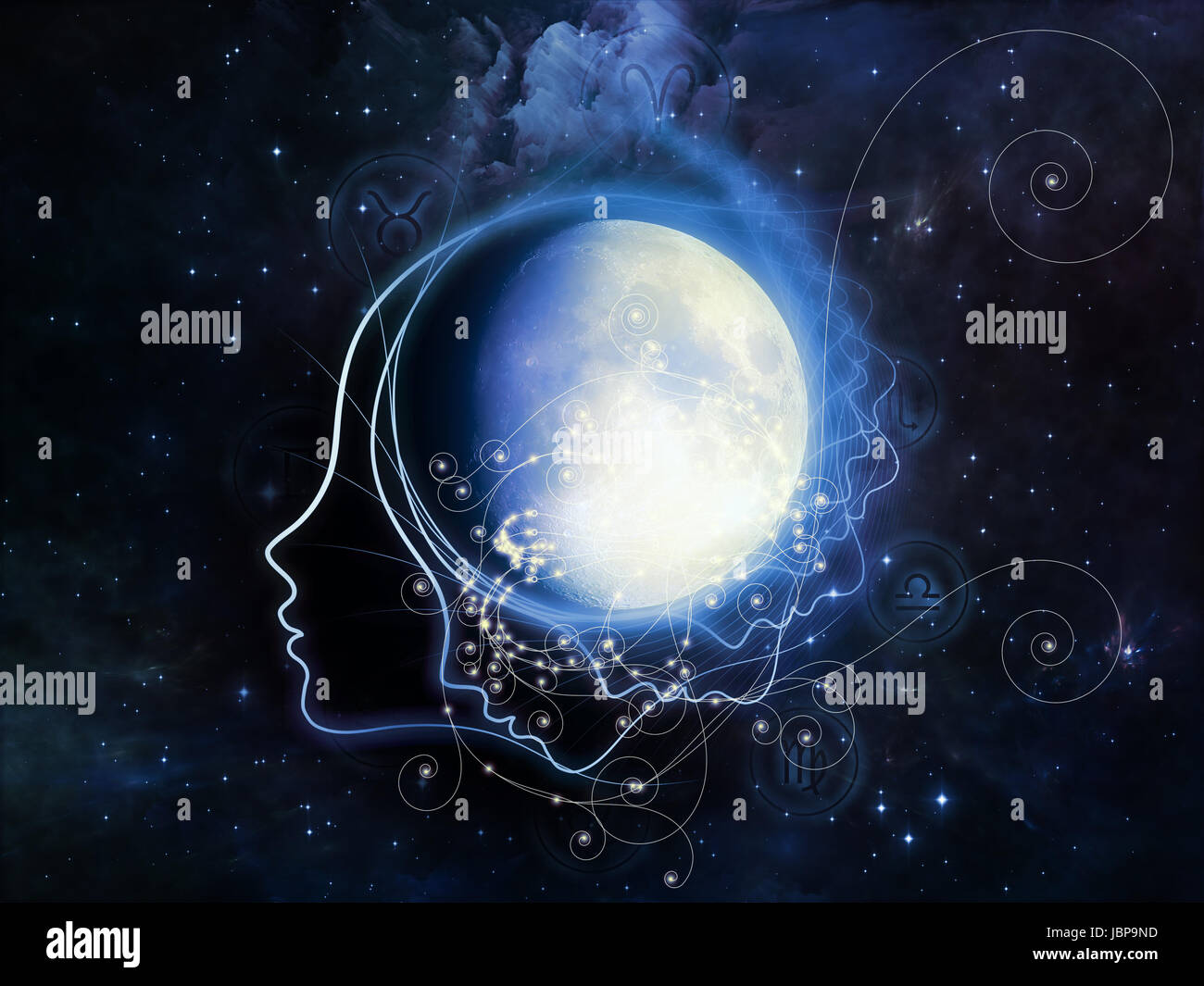 Inner Moon series. Composition of moon, human profile and astrological ...