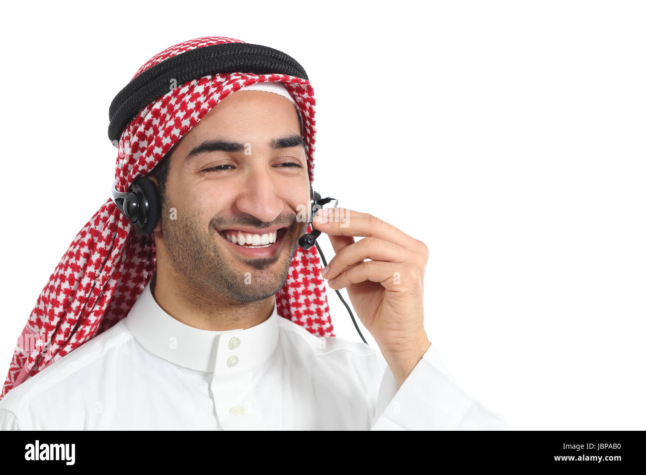 Happy arab saudi emirates telephone operator attending isolated on a ...