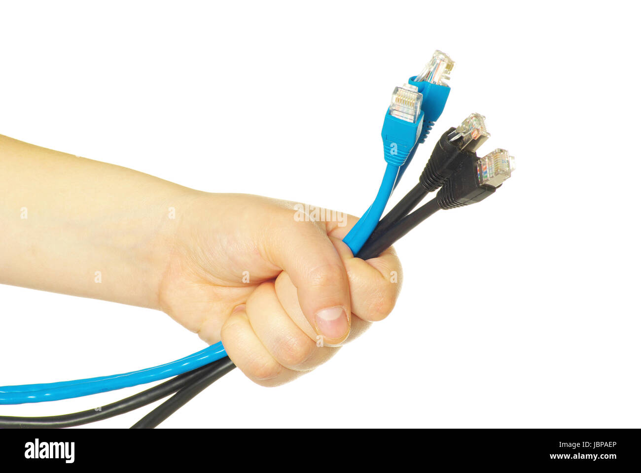 Computer cables in hand isolated on white background Stock Photo - Alamy