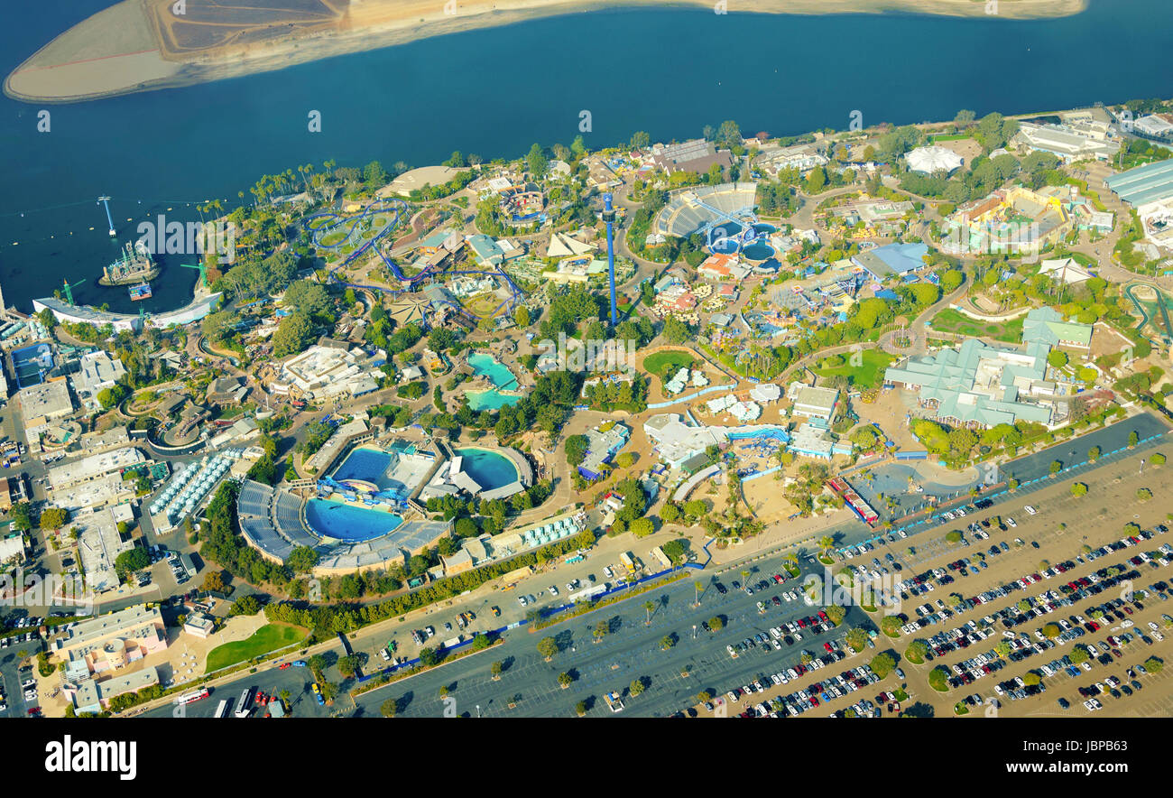 Aerial view of SeaWorld, a marine life theme park in San Diego Bay in ...