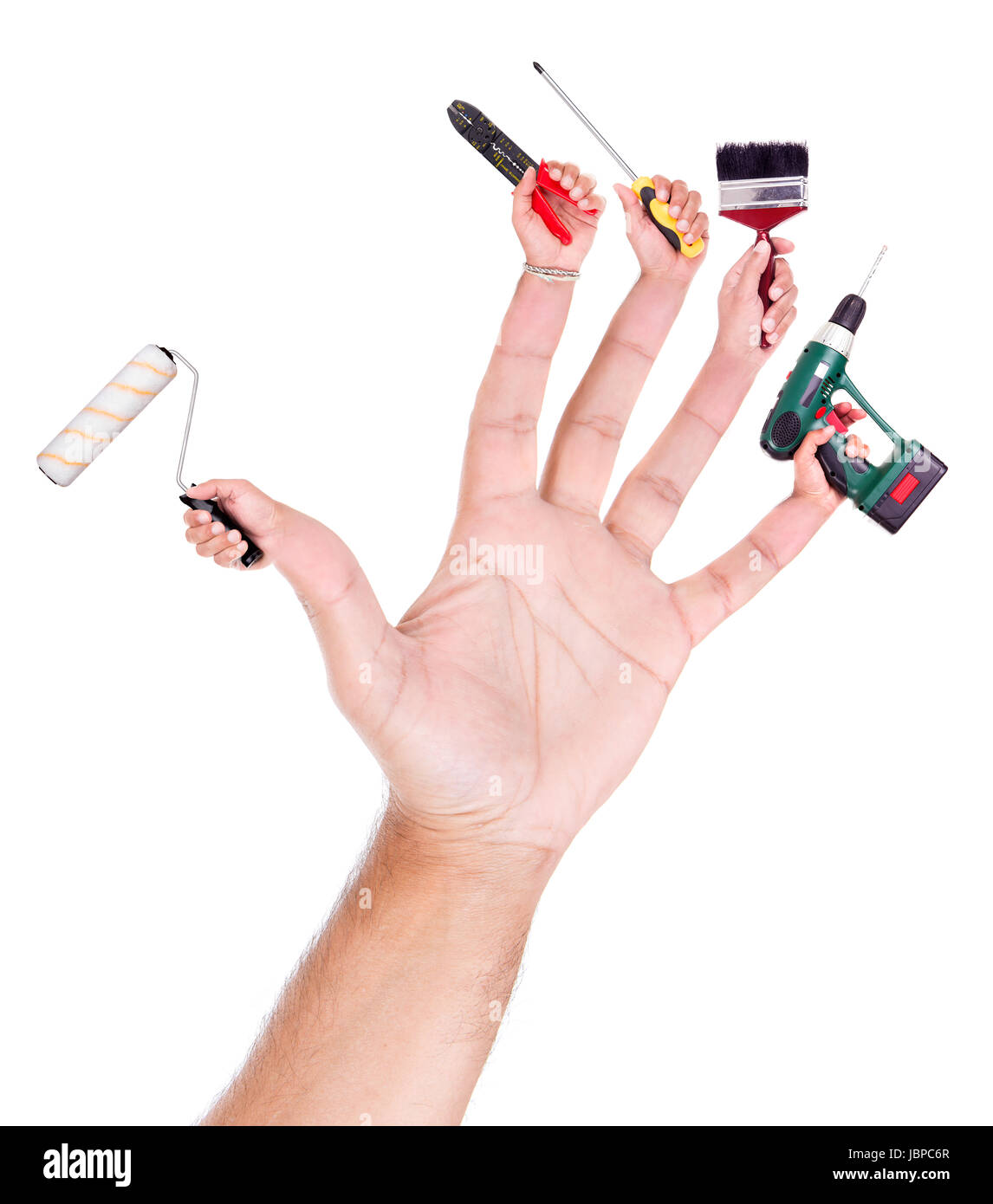 Hand with several hands with construction tools as fingers Stock Photo ...