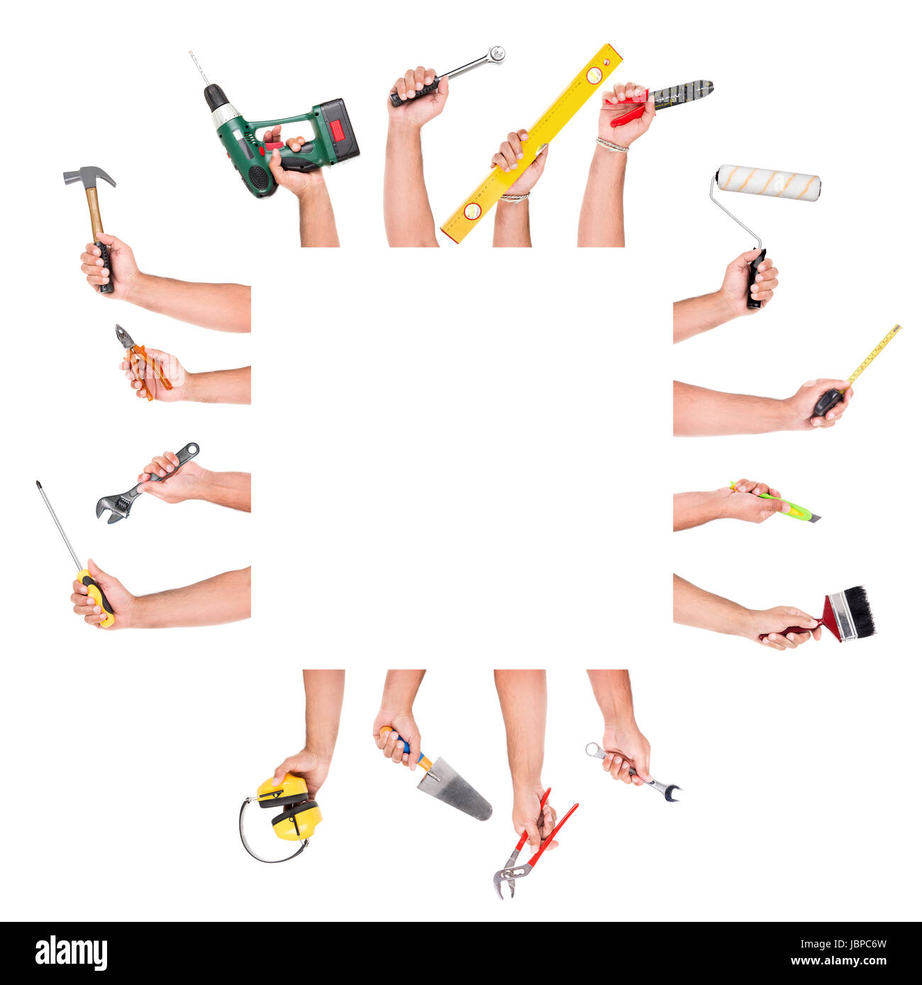 Several hands with construction tools Stock Photo - Alamy