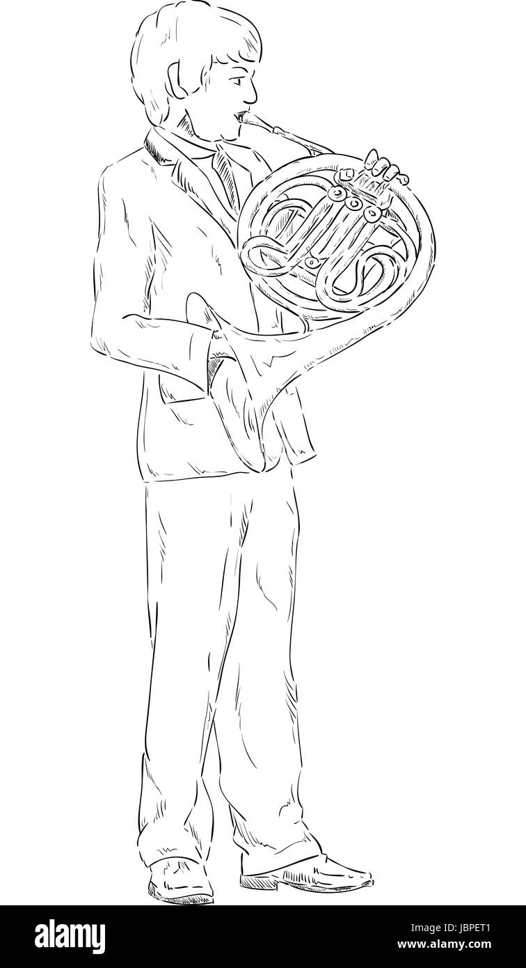 vector - a young boy playing french horn - isolated on background Stock ...