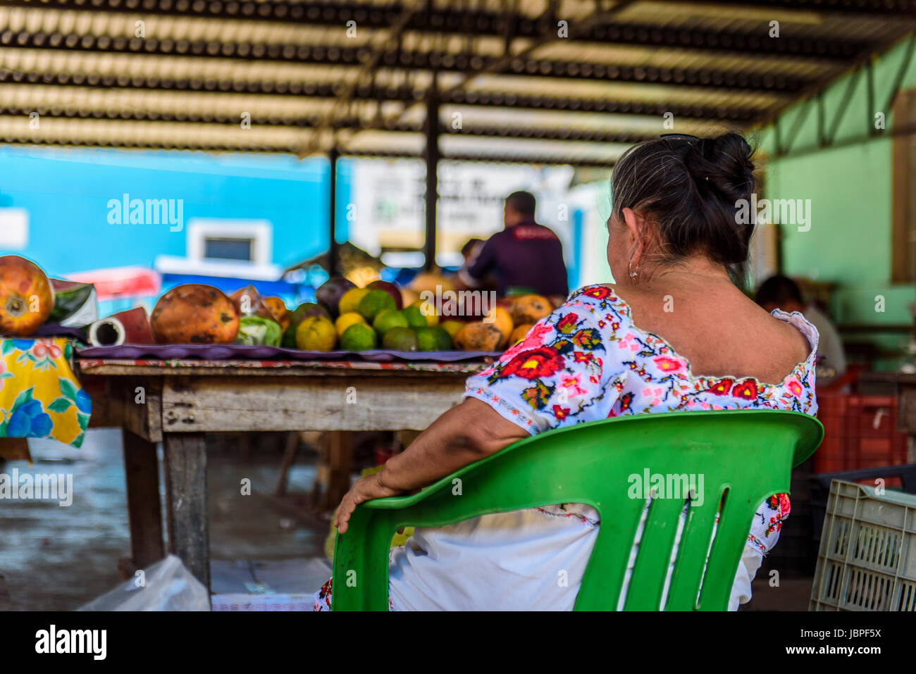Mayan seller in the central market in Acanceh, Yucatan state, Mexico ...