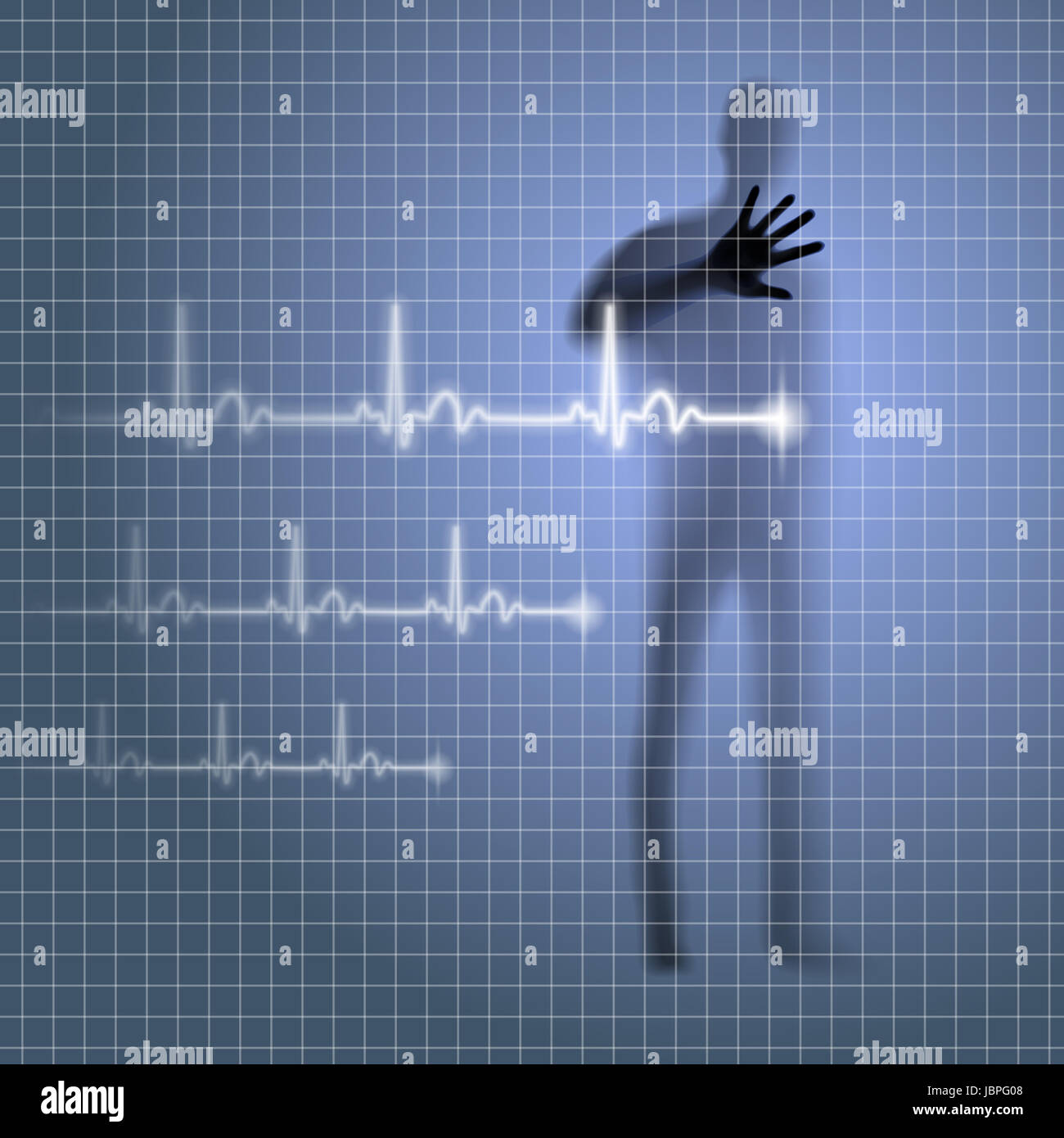 Mysterious medical background with human silhouette and cardiogram line ...