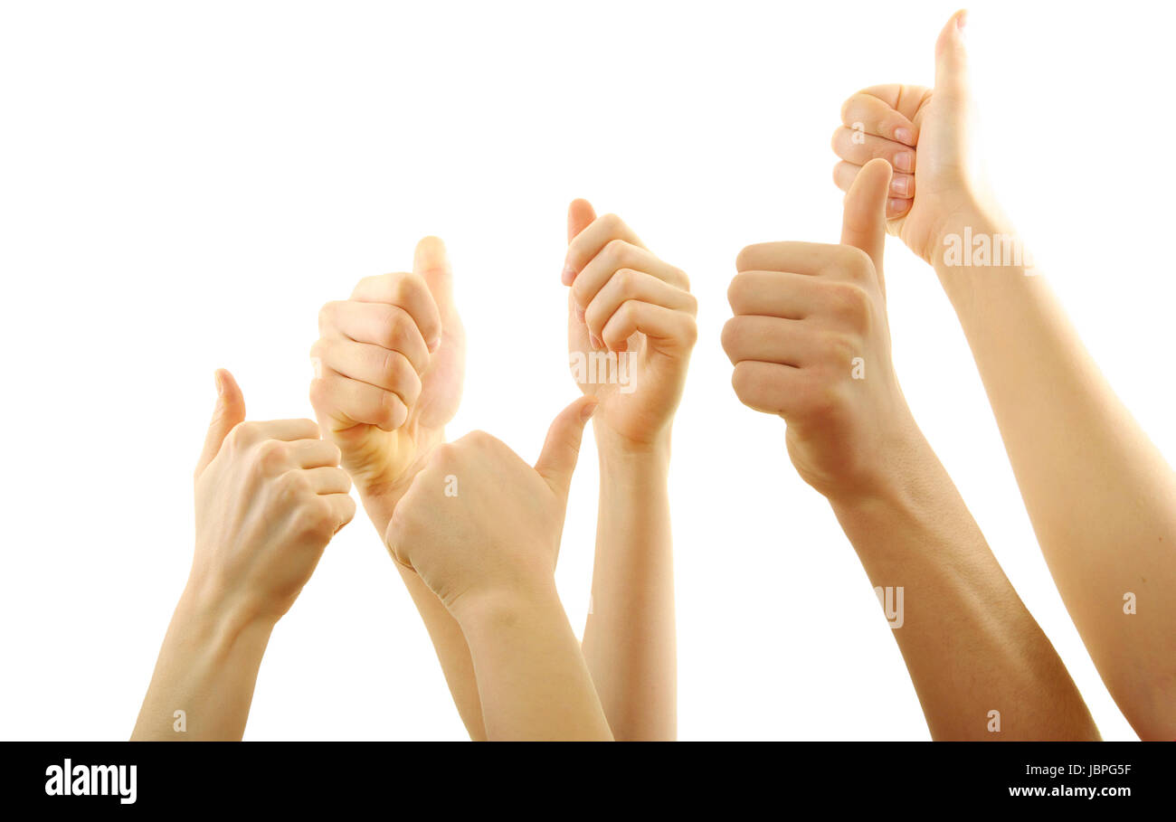 Many hand lifted up on white background Stock Photo - Alamy