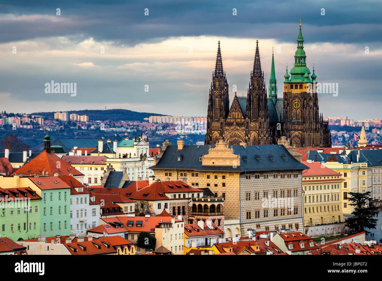 Spring Prague panorama from Prague Hill with Prague Castle, Vltava ...