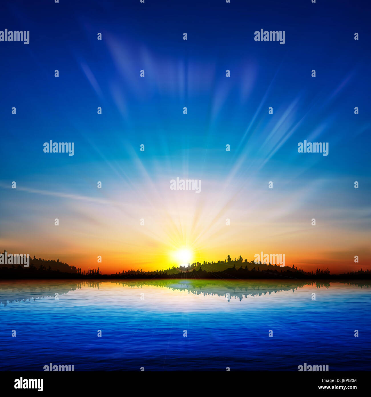 abstract nature sunrise background with forest and lake Stock Photo - Alamy