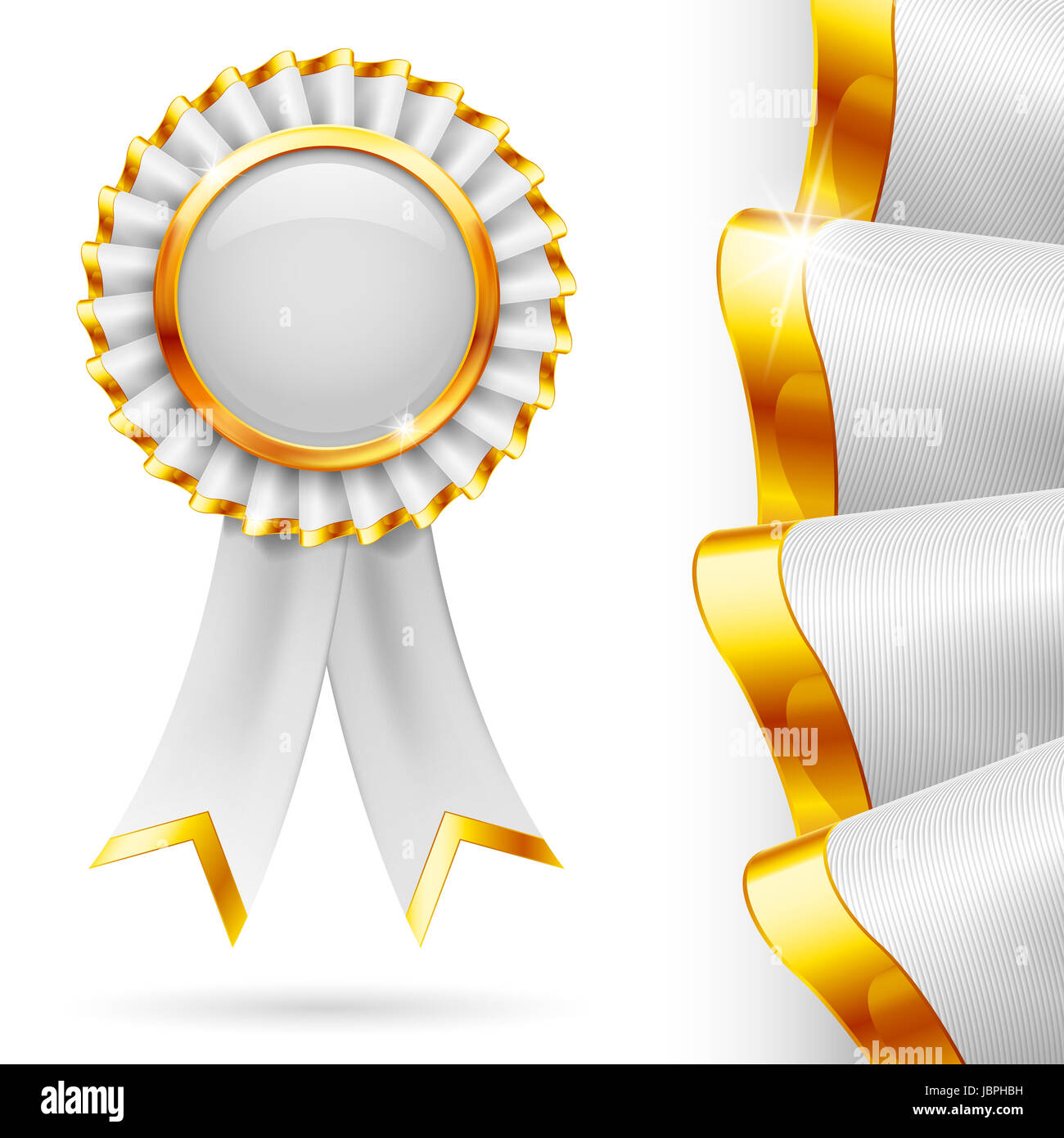 Shiny white award ribbon with golden edging. Fabric with highly ...