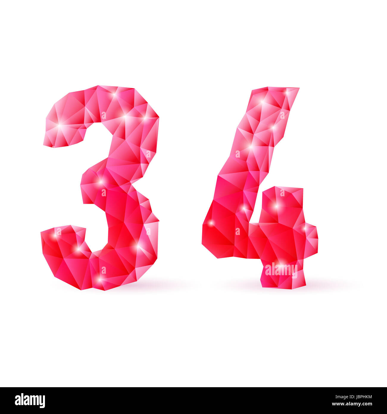 Shiny ruby polygonal font on white background. Crystal style 3 and 4 ...