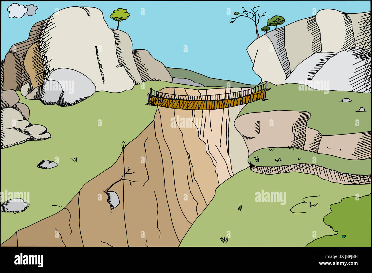 Hand drawn cartoon footbridge across canyon in wilderness Stock Photo ...