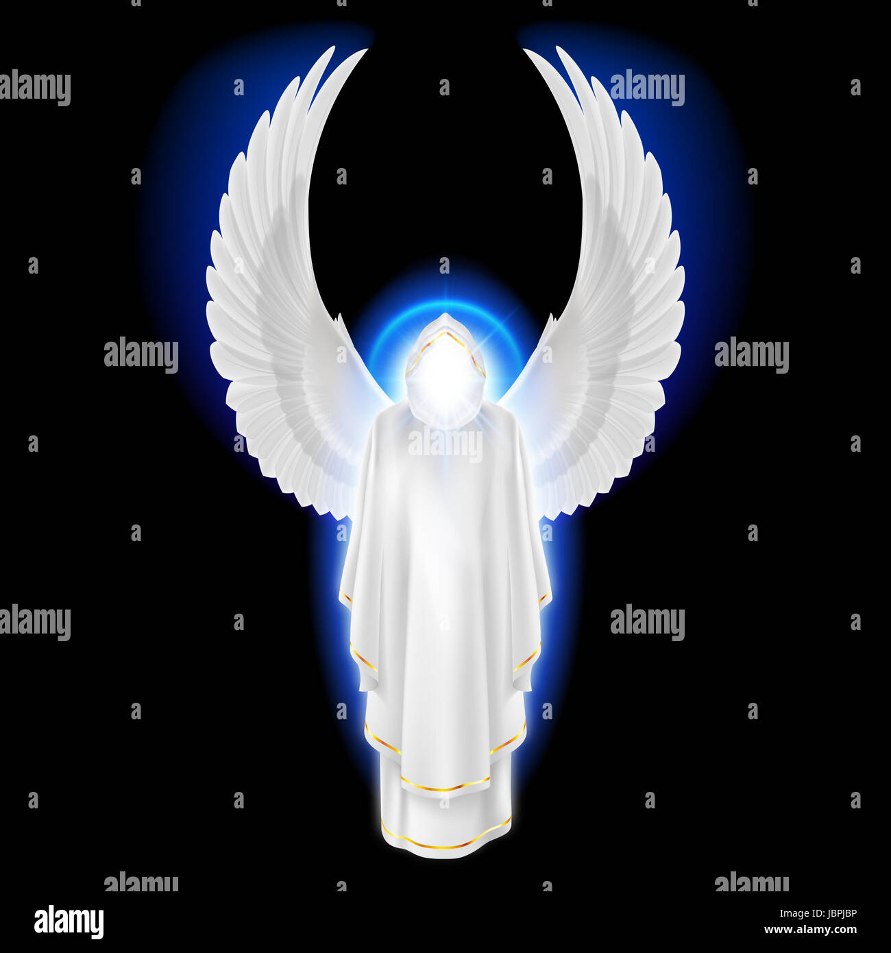 Gods guardian angel in white dress with blue radiance on black ...