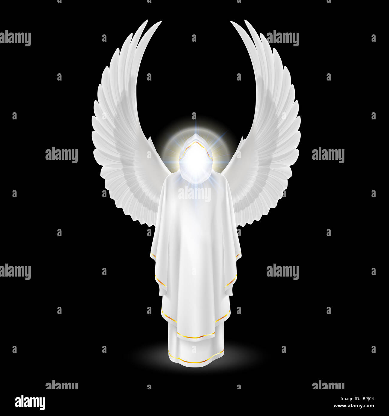 Gods guardian angel in white with wings up on black background ...